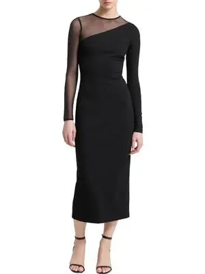 MARCELLA Milo Long Sleeve Mesh & Ponte Column Dress - Black