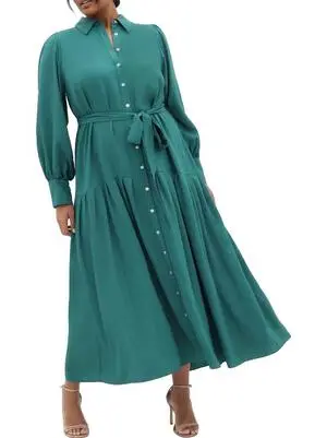 City Chic Romie Button-up Shirtdress - Jade
