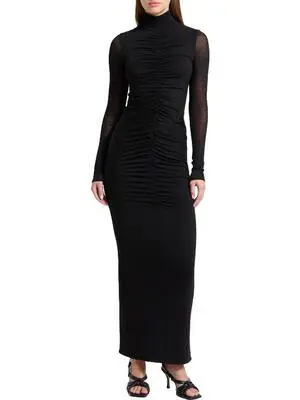 MARCELLA Athena Center Ruched Long Sleeve Dress - Black