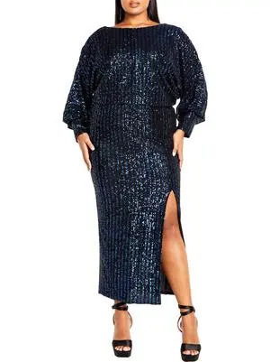 City Chic Galilea Sequin Long Sleeve Gown - Navy