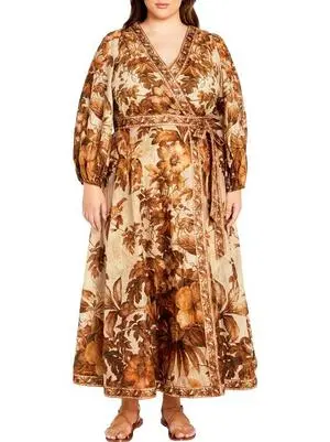City Chic Maddie Print Long Sleeve Wrap Maxi Dress - Natural Print