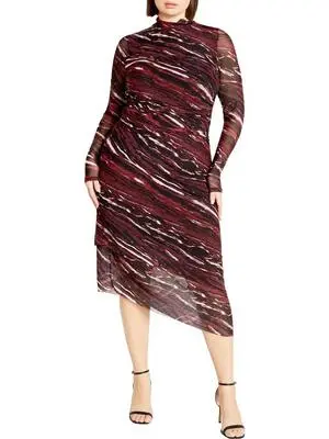 City Chic Zariyah Print Long Sleeve Body-con Midi Dress - Red Print