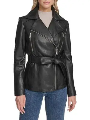 Andrew Marc Violet Leather Trench Jacket Black