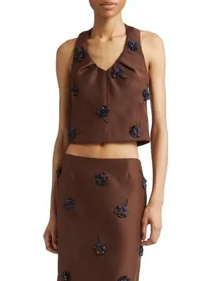 SHUSHU/TONG Floral Appliqué Tucked Crop Top - Brown