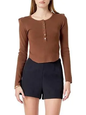 Endless Rose Shoulder Pad Rib Knit Top - Brown