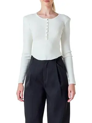 Endless Rose Shoulder Pad Rib Knit Top - Ivory