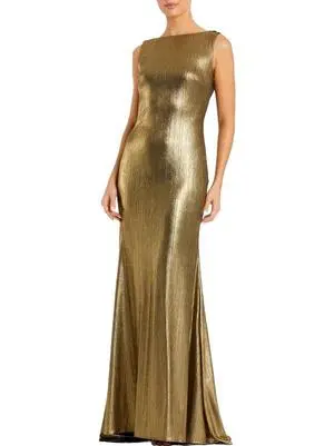 Mac Duggal Metallic Jersey Cowl Back Column Gown - Gold