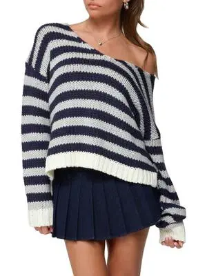EDIKTED Eugenie Striped Oversized Off-the-shoulder Sweater - Navy