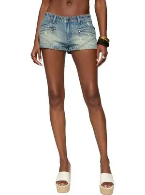 EDIKTED Tulie Grommet Distressed Denim Shorts - Blue-washed