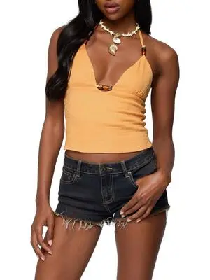 EDIKTED Atlas Beaded Smocked Halter Top - Orange
