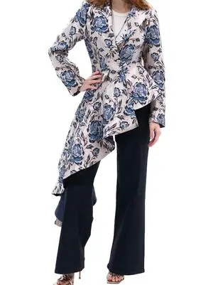 AZALEA WANG Metallic Floral Jacquard Asymmetric Blazer - Beige Multi