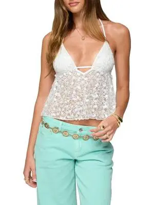 EDIKTED Sequin And Beaded Halter Top With Open Back - White