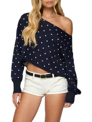 EDIKTED Oversized Off-the-shoulder Polka Dot Sweater - Navy