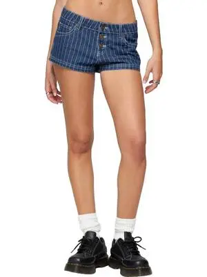 EDIKTED Hanson Pinstripe Low Rise Denim Shorts - Blue