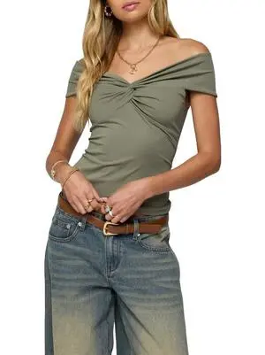 EDIKTED Twist Front Off-the-shoulder Top - Olive