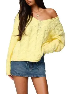 EDIKTED Inga Oversize Off-the-shoulder Cable Knit Sweater - Yellow