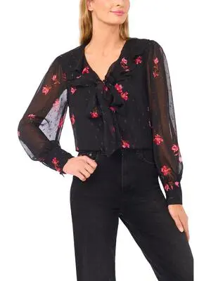 CECE DUPRAZ Flora Metallic Tie Neck Top - Rich Black