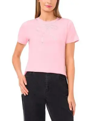 CECE DUPRAZ Rhinestone Bow Embellished Cotton T-shirt - Pink Horizon