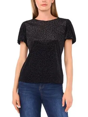 CECE DUPRAZ Leopard Velvet Bubble Sleeve Top - Rich Black