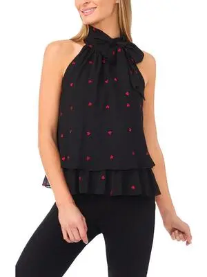 CECE DUPRAZ Heart Embroidered Sleeveless Tie Neck Tiered Top - Rich Black
