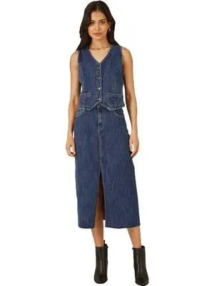 YUMI Button-up Stretch Denim Waistcoat - Blue
