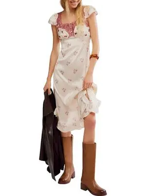 Free People Haven Embroidered Lace Trim Satin Midi Dress - Swan Combo