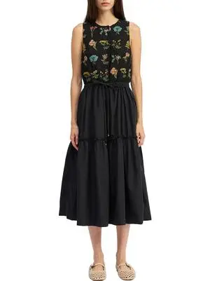JACQUIE THE LABEL Lia Embroidered Tie Waist Sleeveless Midi Dress