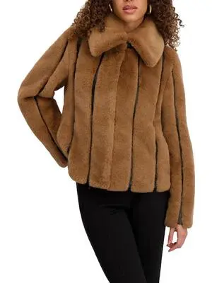 Karl Lagerfeld Paris Vertical Seam Faux Fur Jacket - Camel
