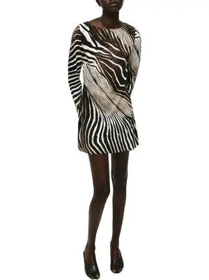 Mango Zebra Print Long Sleeve Mini Dress - Black