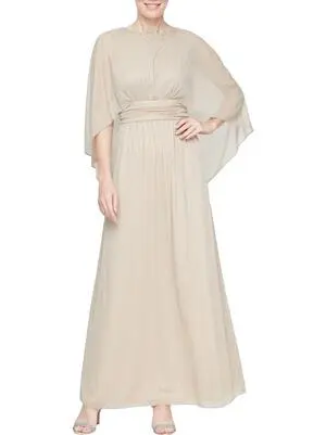 SL FASHIONS Glitter Capelet Chiffon Gown - Champagne