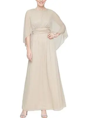 SL FASHIONS Glitter Capelet Chiffon Gown - Champagne