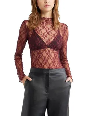 OPEN EDIT Floral Stretch Lace Top - Burgundy Tannin