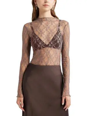 OPEN EDIT Floral Stretch Lace Top - Tan Dusk