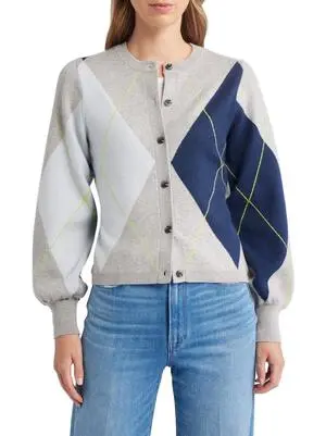 525 America Argyle Balloon Sleeve Cardigan - Grey Mist Heather Multi
