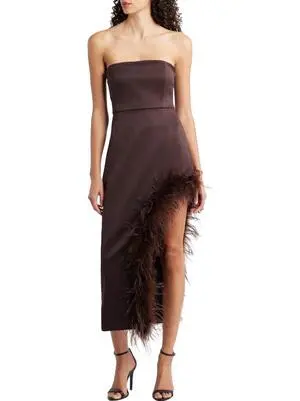 DELFI COLLECTIVE Jocelyn Feather Detail Strapless Satin Cocktail Sheath Dress - Chocolate