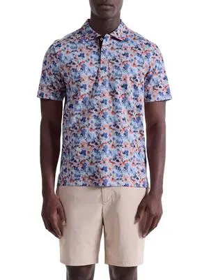 Bugatchi Hendrix Digital Watercolor Floral Print Pima Cotton Polo Blue/coral