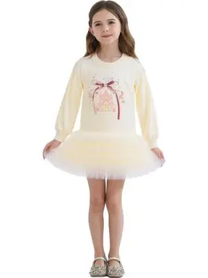 MIMI TUTU Ruffle Ribbon Dress Beige