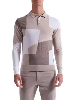 Bugatchi Colorblock Merino Wool Polo Sweater - Sand