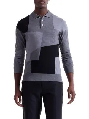 Bugatchi Colorblock Merino Wool Polo Sweater - Zinc