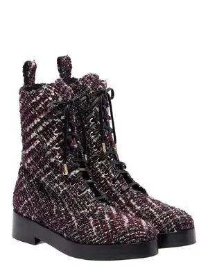 AQUAZZURA Ben 20 Leather-trimmed Tweed Combat Boots - Purple