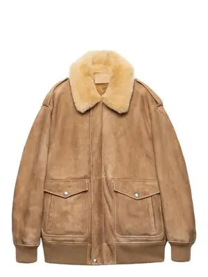Prada Shearling Collar Bomber Jacket - Neutral