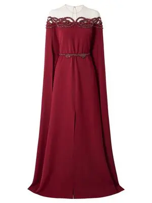 Zuhair Murad Cape-effect Embellished Cady Gown - Burgundy