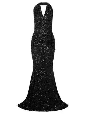 Patou Draped Sequined Mesh Halterneck Gown - Black
