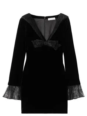 Nina Ricci Bow-detailed Lace-trimmed Cotton-velvet Mini Dress - Black