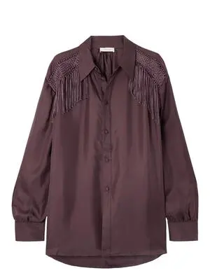 DIOTIMA Epaulette Crochet-trimmed Fringed Silk-twill Shirt - Burgundy
