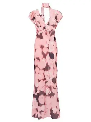 PRETTY LAVISH V-neck Plissé Woven Maxi Dress - Blush Watercolour
