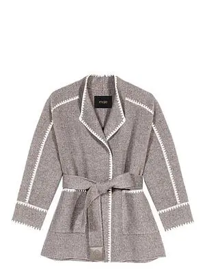 Maje Belted Embroidered-trim Wool-blend Coat - Grey/white