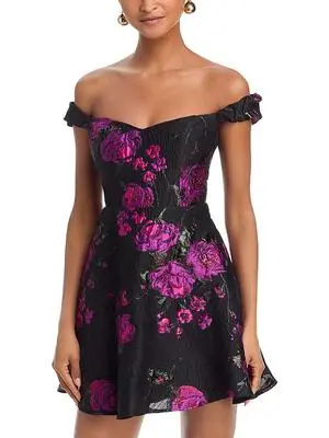 Aqua Rose Brocade Mini Dress - Black/pink