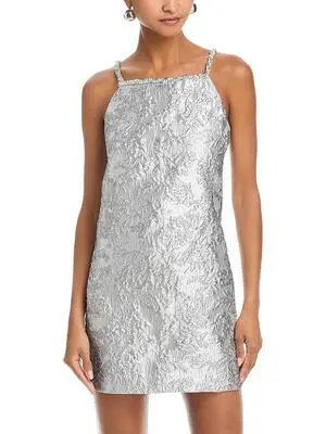 Aqua Brocade Crystal Embellished Dress - Silver