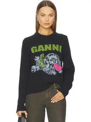 GANNI Graphic Wool Mix Puppy Love Crewneck Phantom